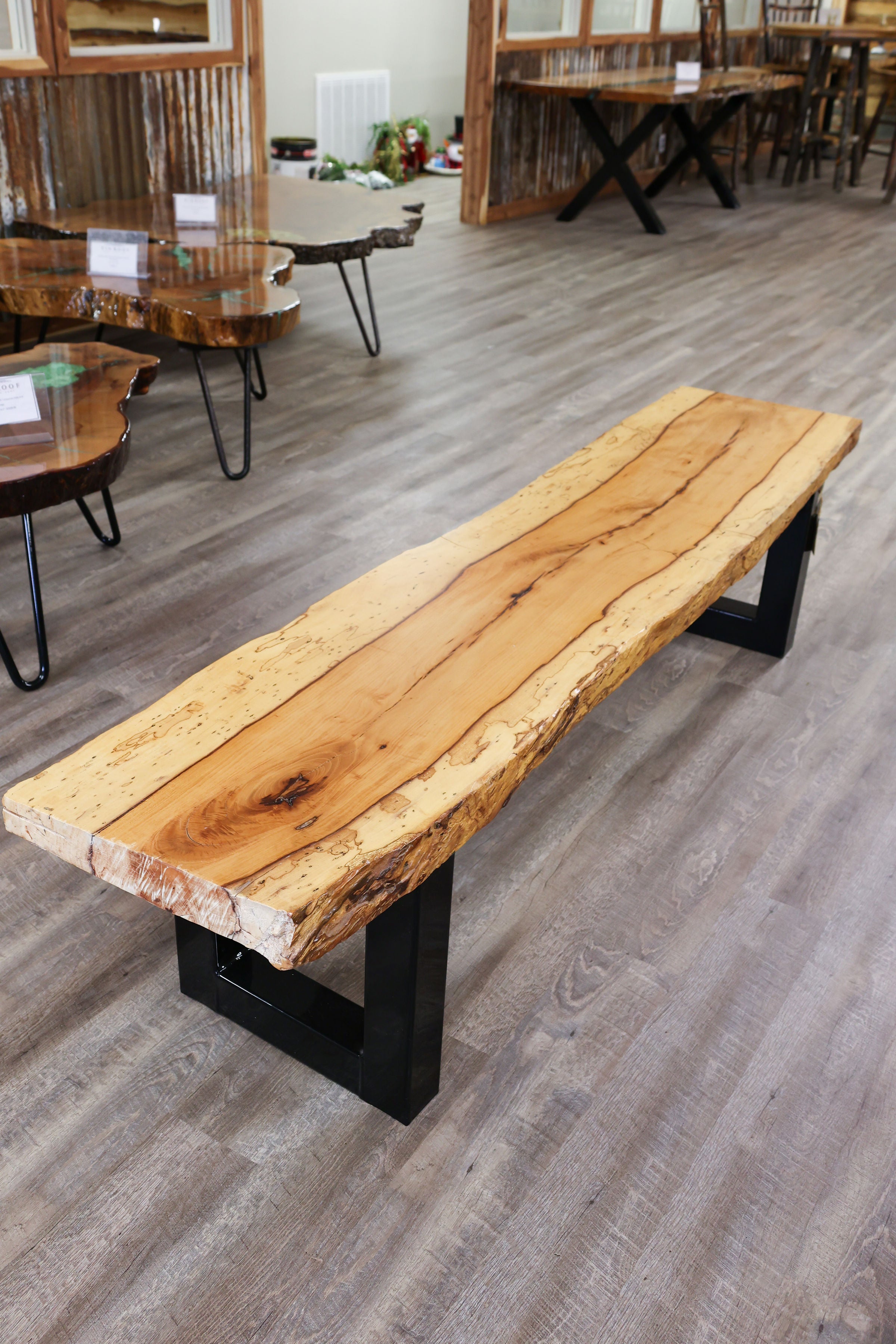 Pecan Bench with Square Tubing Legs – Tin Roof Kitchen & Home